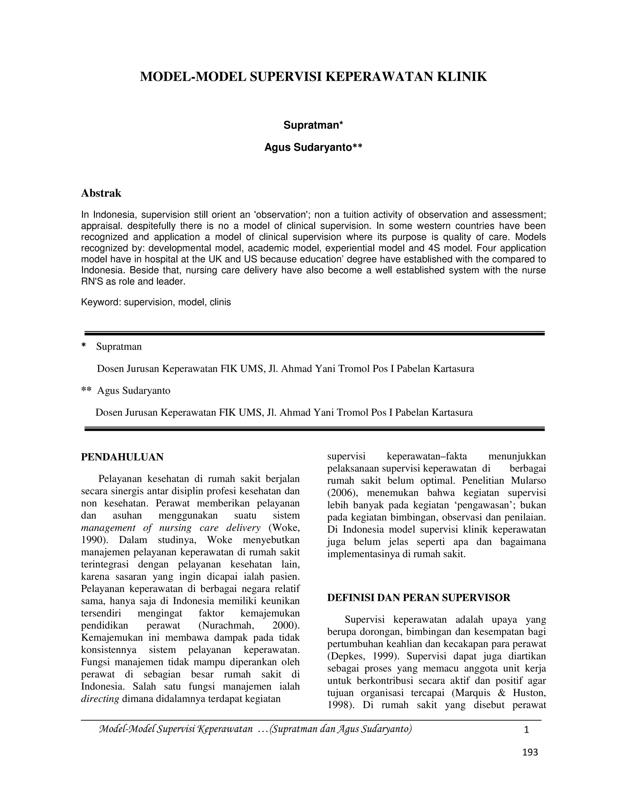 MODEL-MODEL SUPERVISI KEPERAWATAN KLINIK | PDF