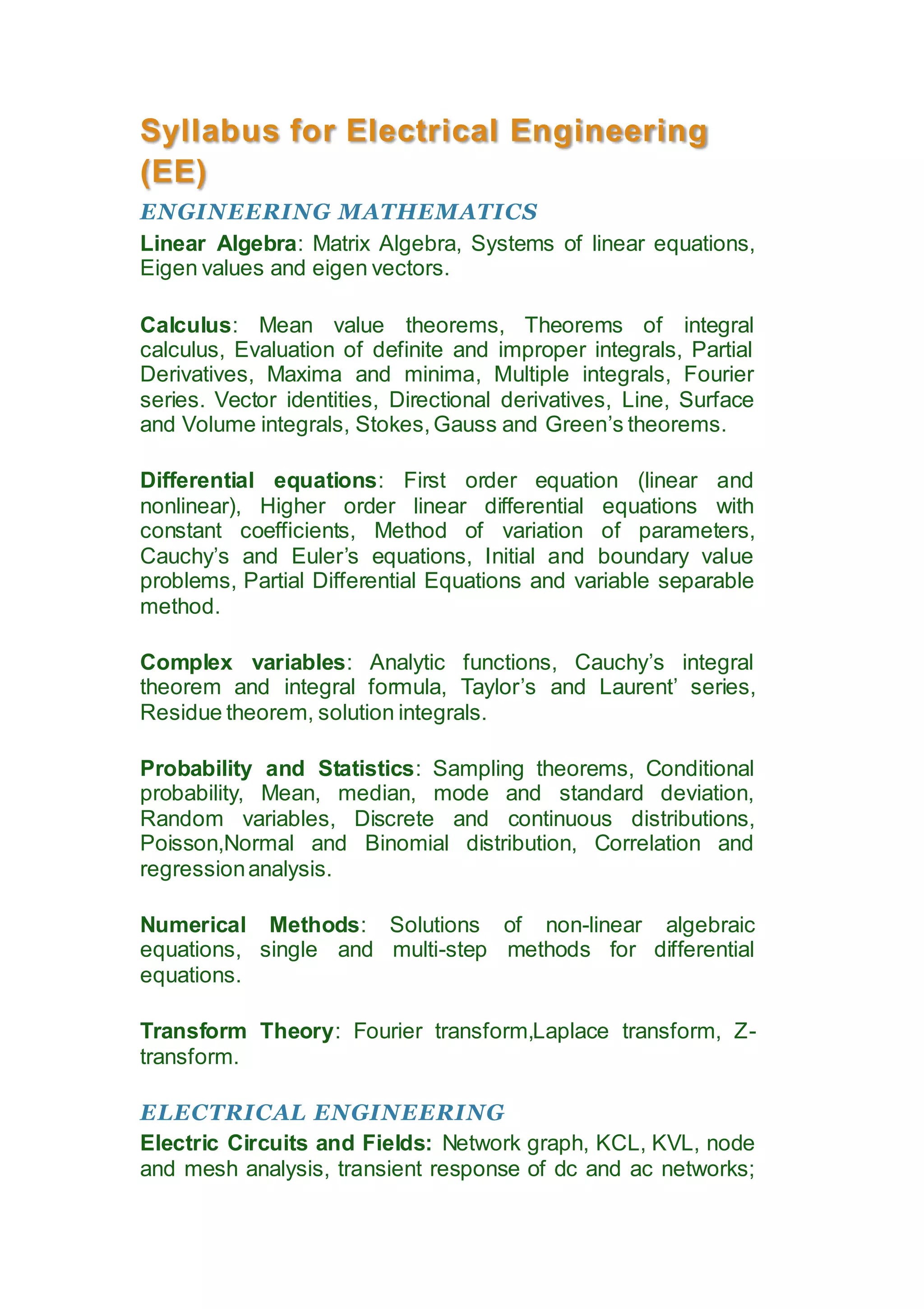 Syllabus for electrical engineering | DOCX | Physics | Science