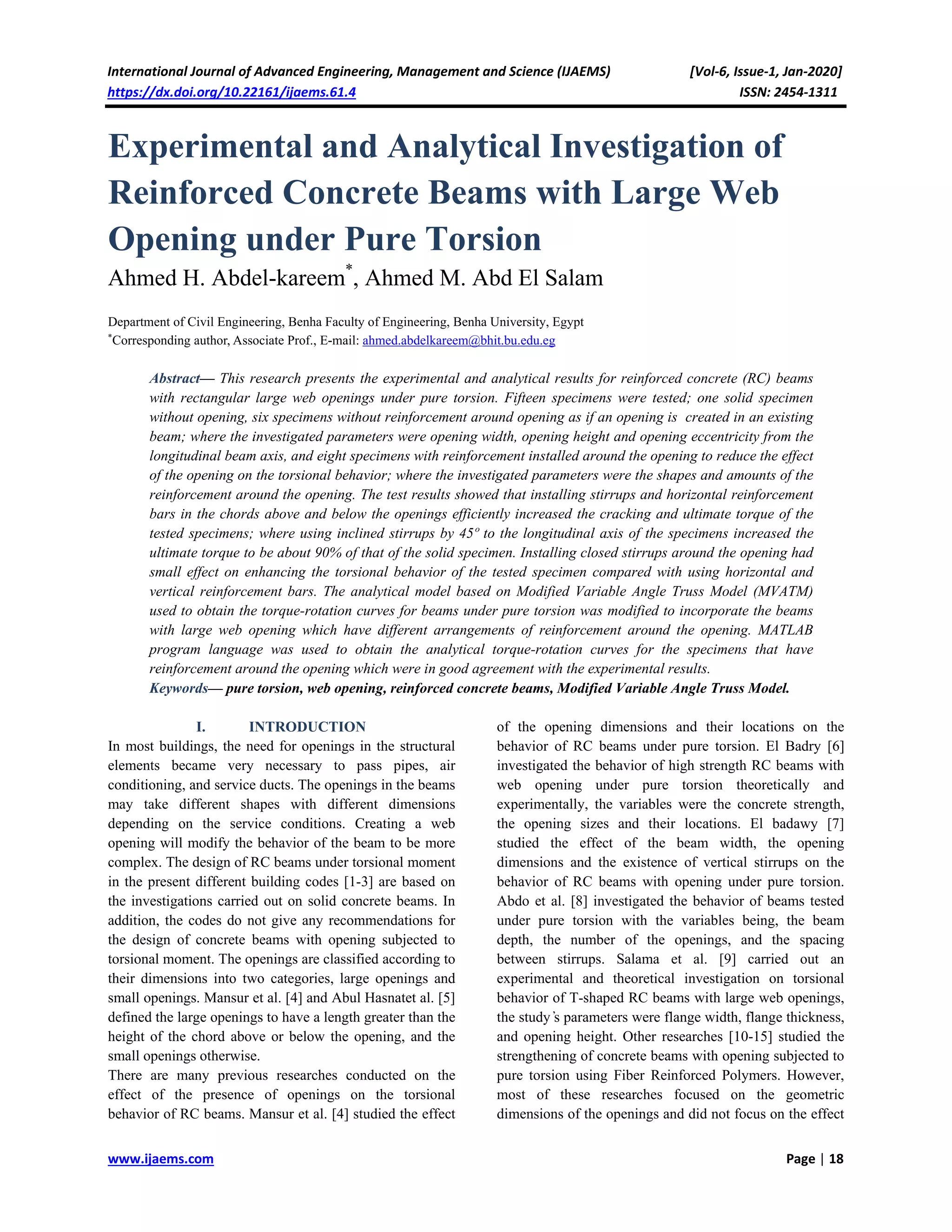 Experimental and Analytical Investigation of Reinforced Concrete Beams ...