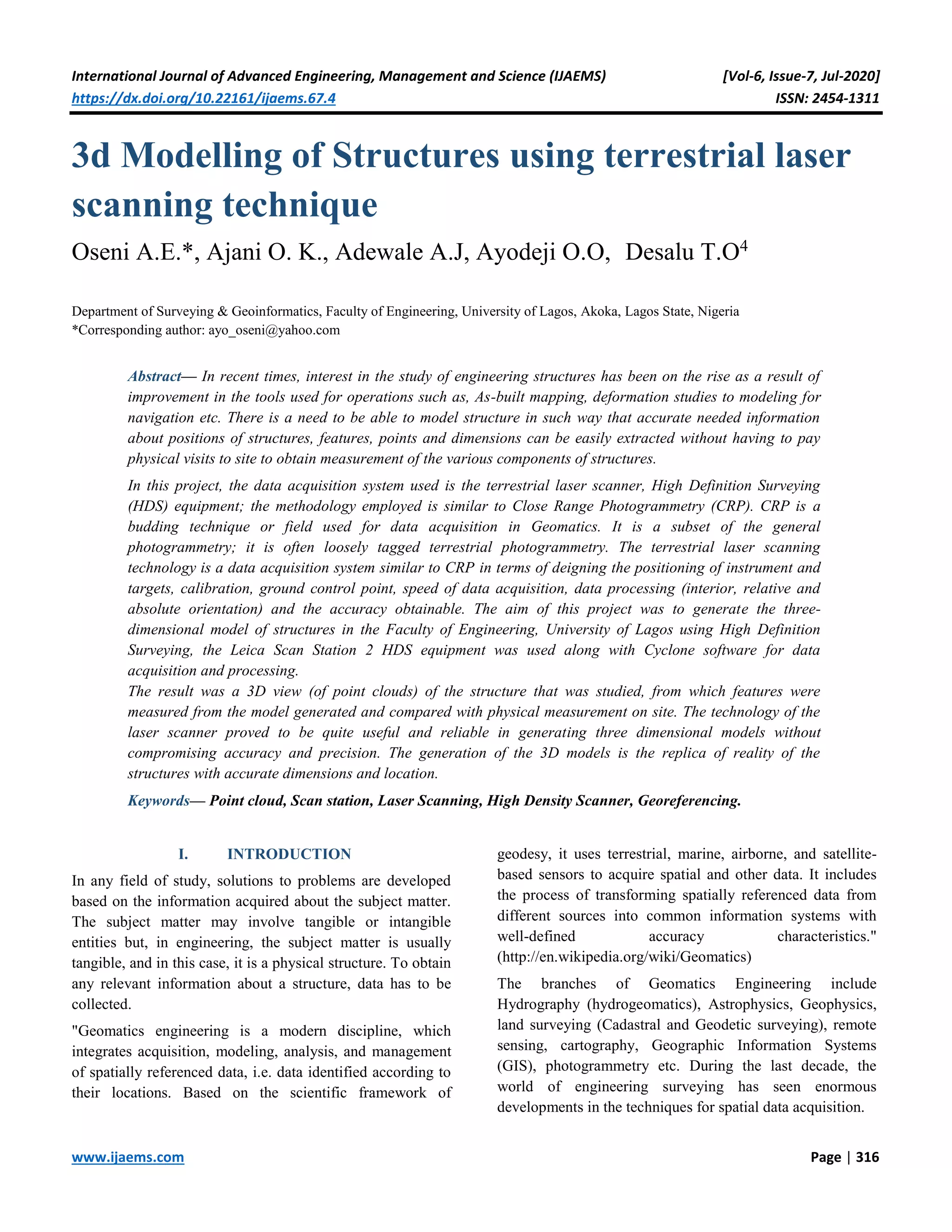 3d Modelling Of Structures Using Terrestrial Laser Scanning Technique Pdf