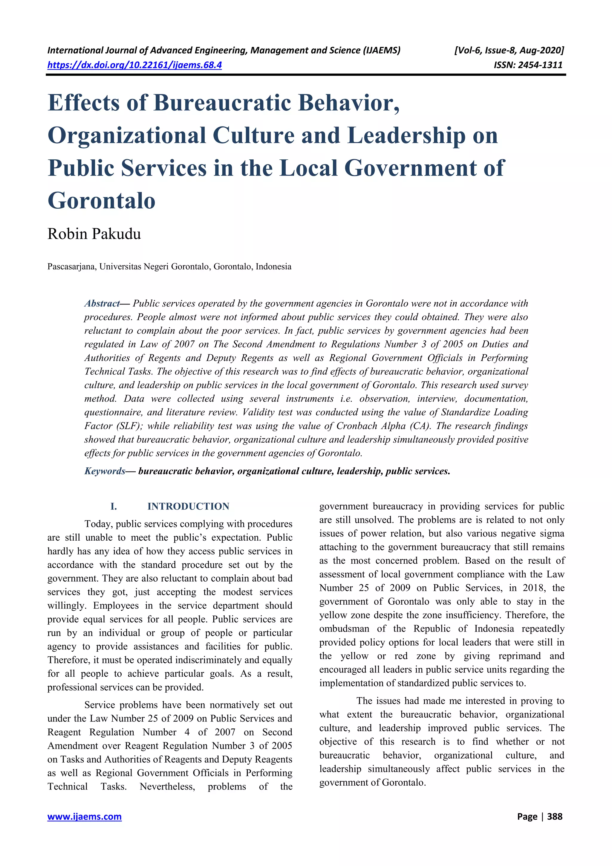 Effects of Bureaucratic Behavior, Organizational Culture and Leadership ...