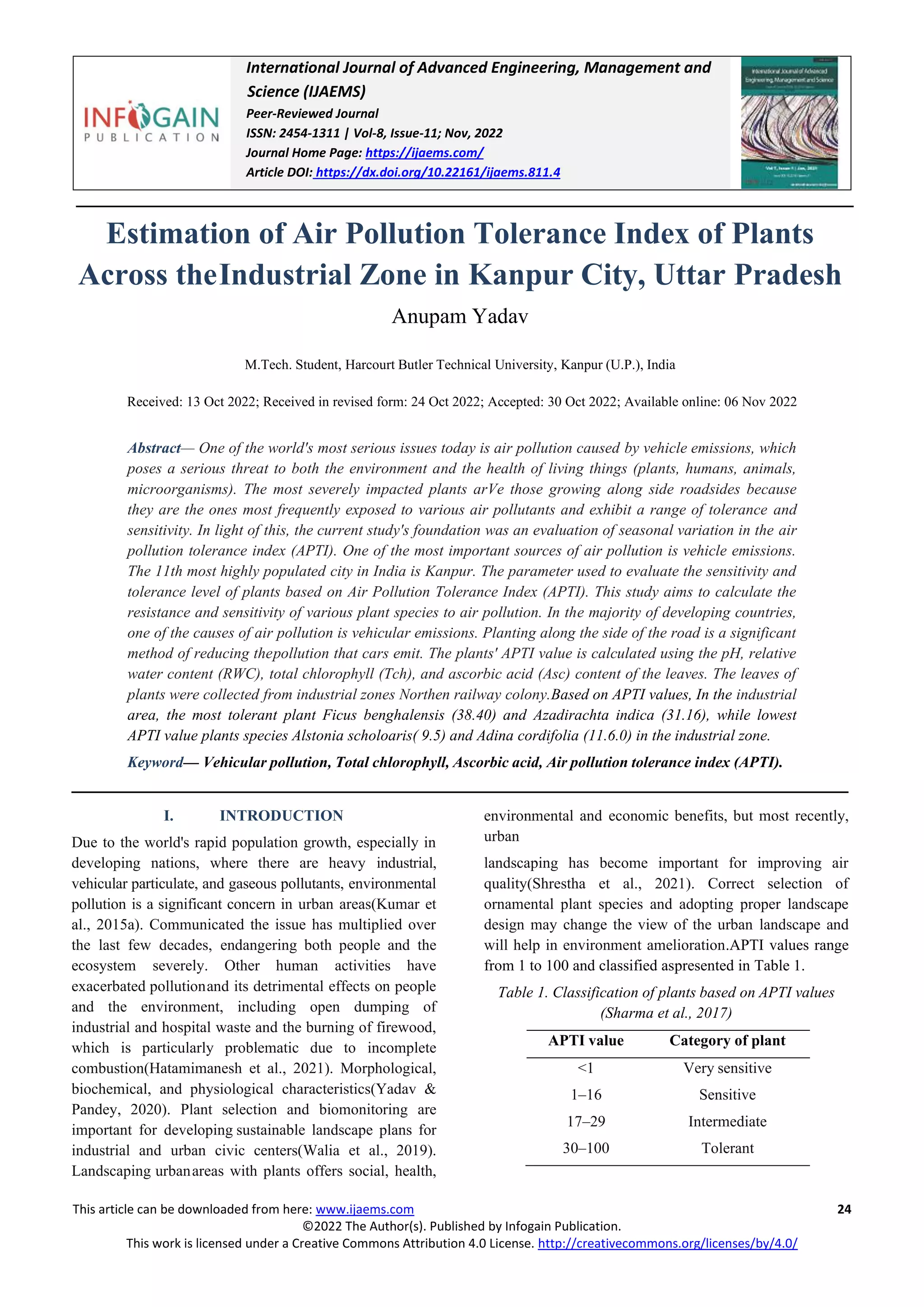 Estimation of Air Pollution Tolerance Index of Plants Across the ...