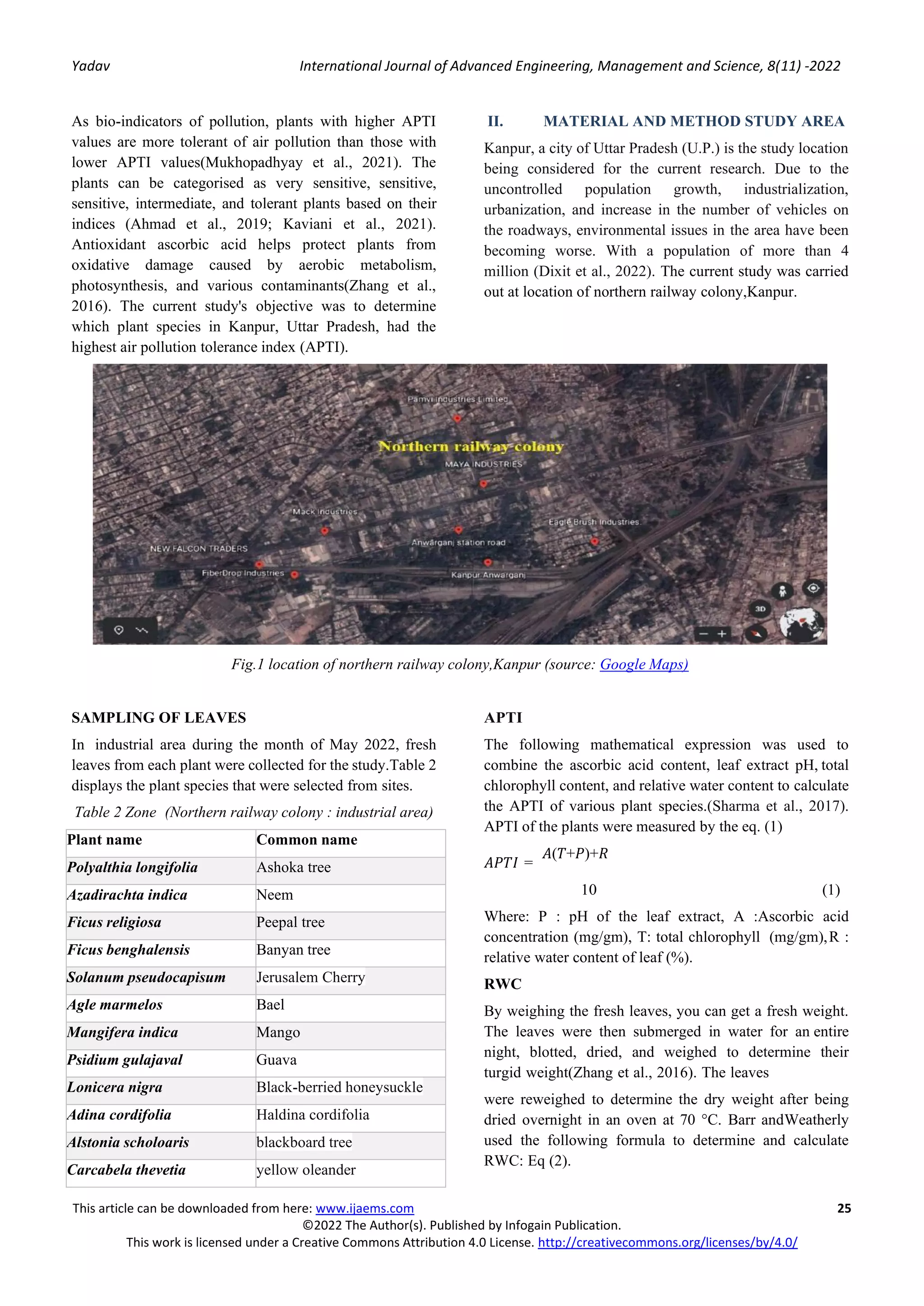 Estimation of Air Pollution Tolerance Index of Plants Across the ...