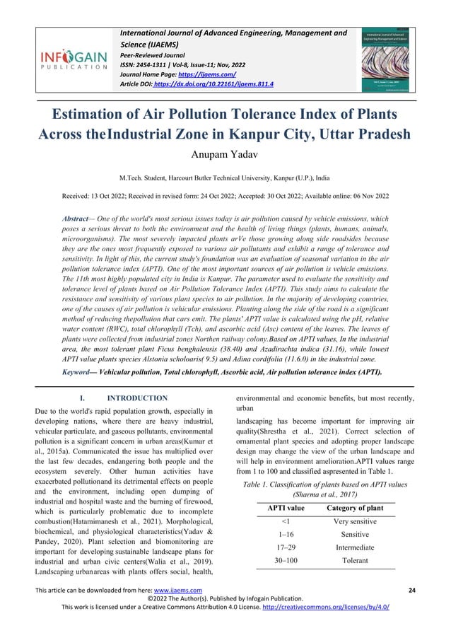 Estimation of Air Pollution Tolerance Index of Plants Across the ...