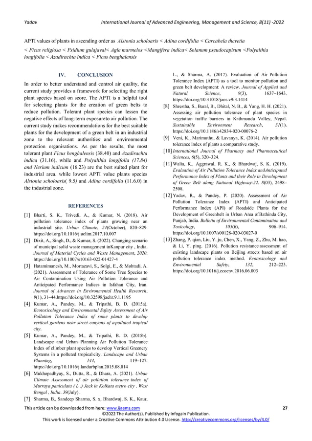 Estimation of Air Pollution Tolerance Index of Plants Across the ...