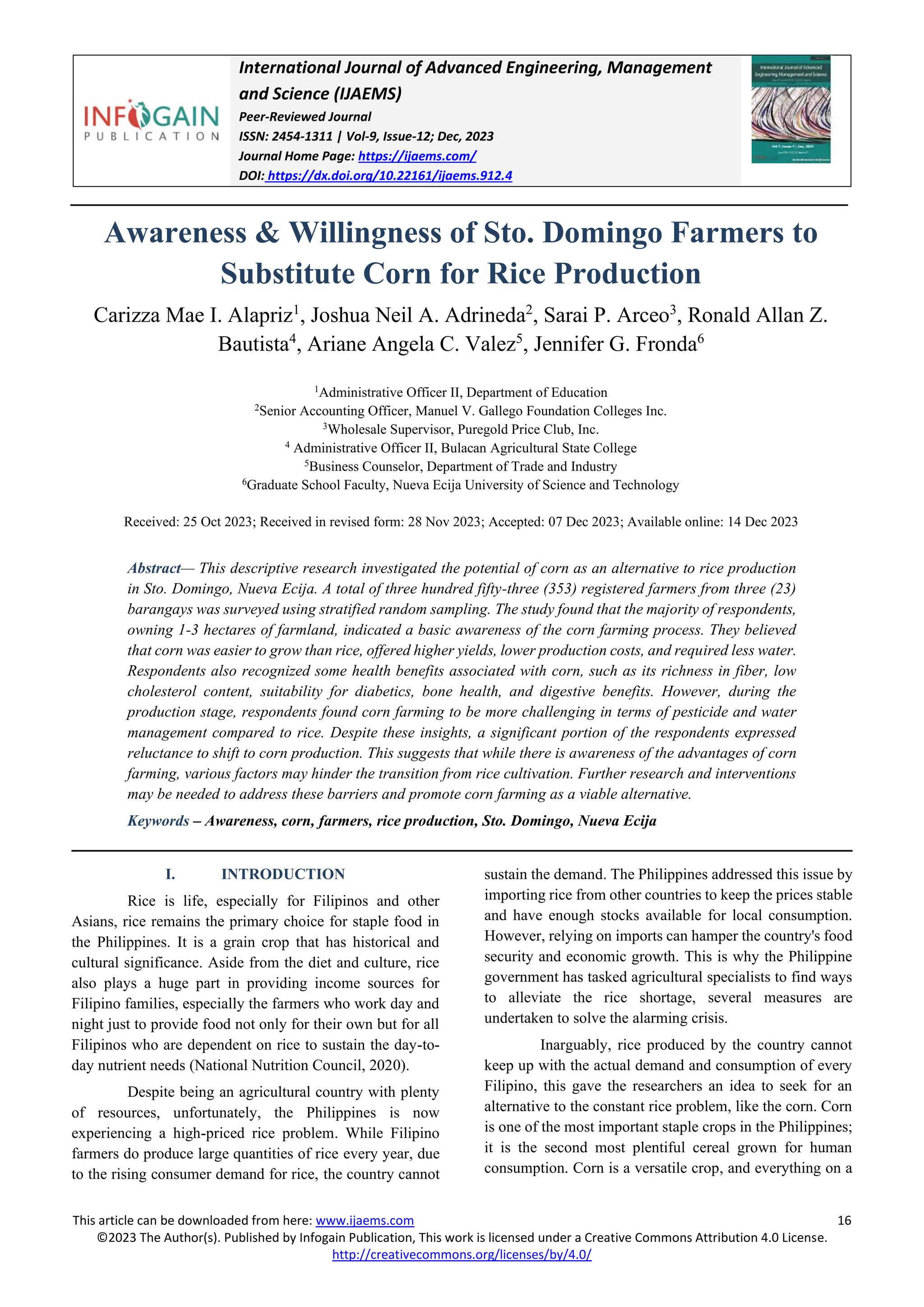 Awareness & Willingness of Sto. Domingo Farmers to Substitute Corn for Rice Production | PDF