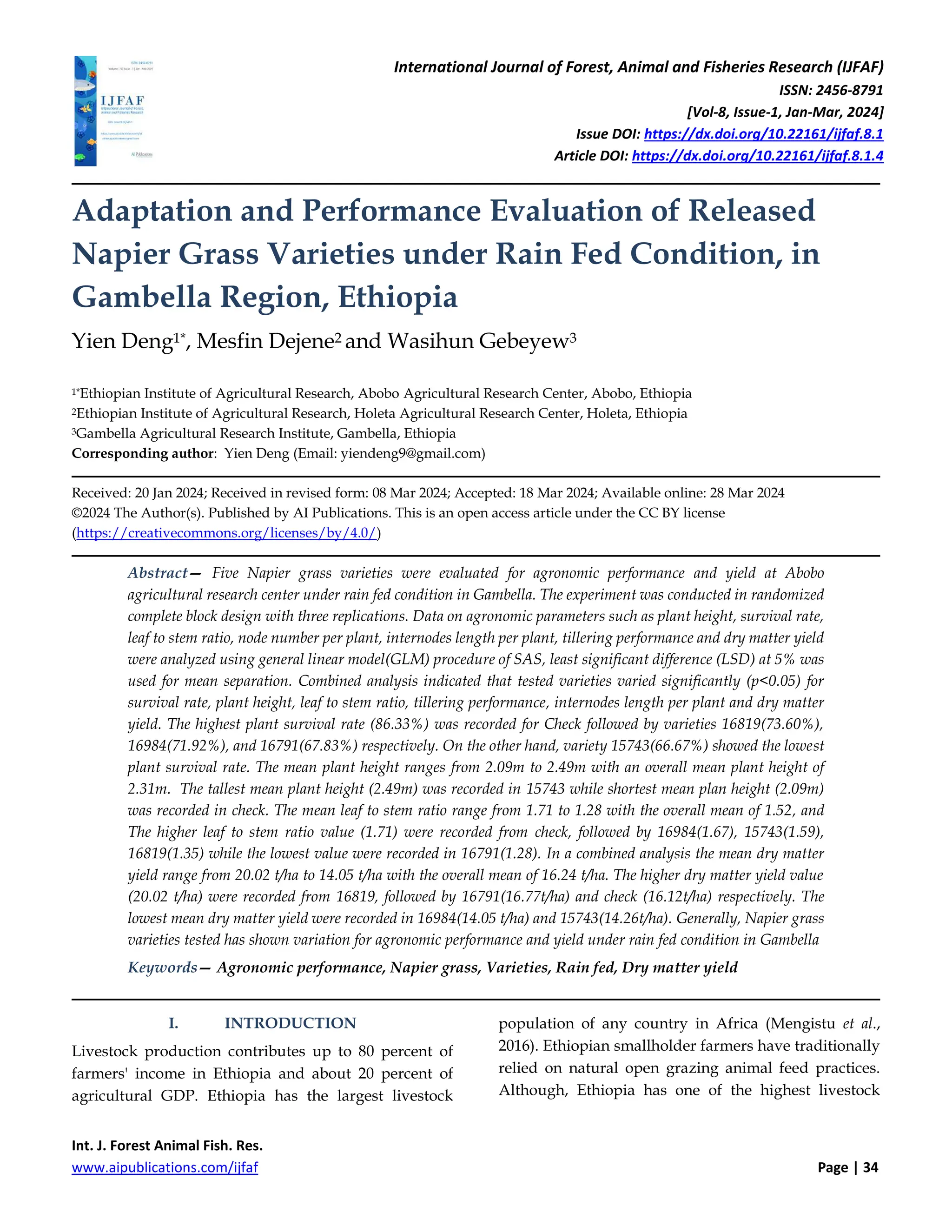 Adaptation and Performance Evaluation of Released Napier Grass ...