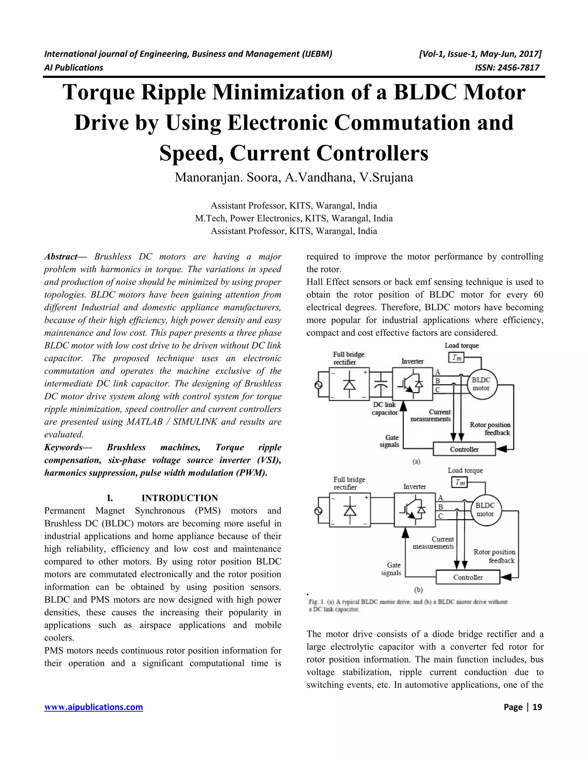 Torque Ripple Minimization of a BLDC Motor Drive by Using Electronic Commutation and Speed ...