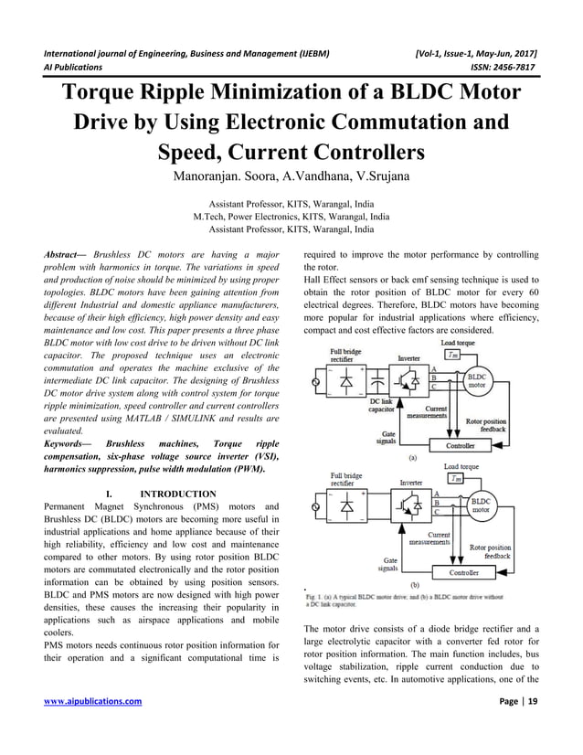 Torque Ripple Minimization of a BLDC Motor Drive by Using Electronic Commutation and Speed ...