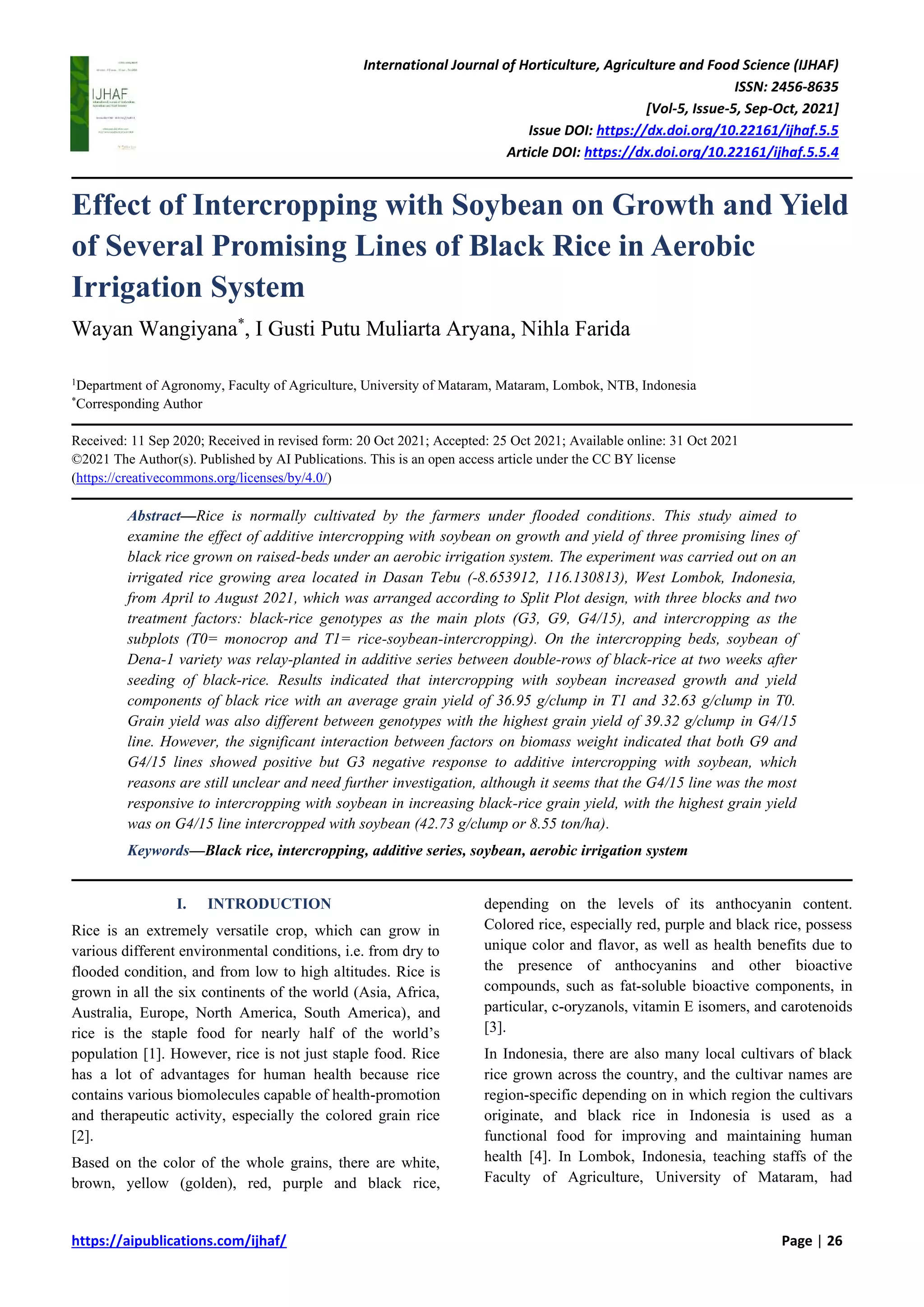 Effect Of Intercropping With Soybean On Growth And Yield Of Several Promising Lines Of Black