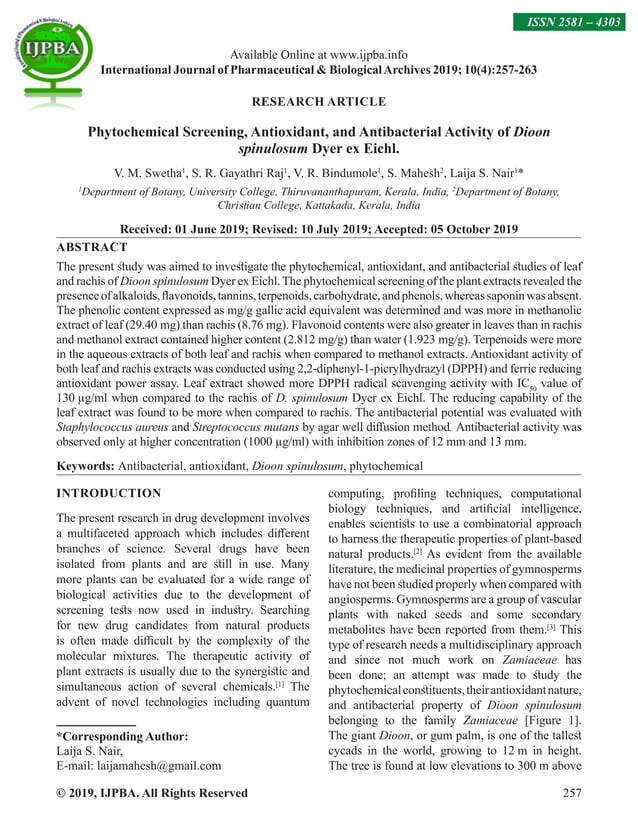 Phytochemical Screening, Antioxidant, and Antibacterial Activity of Dioon spinulosum Dyer ex ...