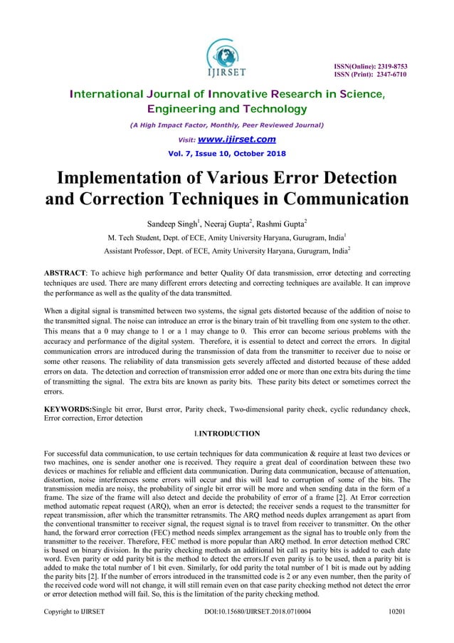 4 Implementation Of Various Error Detection And Correction Techniques In Communication System Pdf 8514