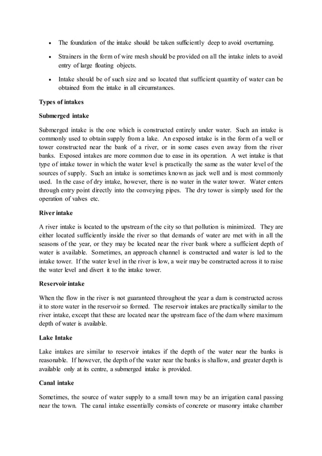 intakes and transportation of water | DOCX | Chemistry | Science