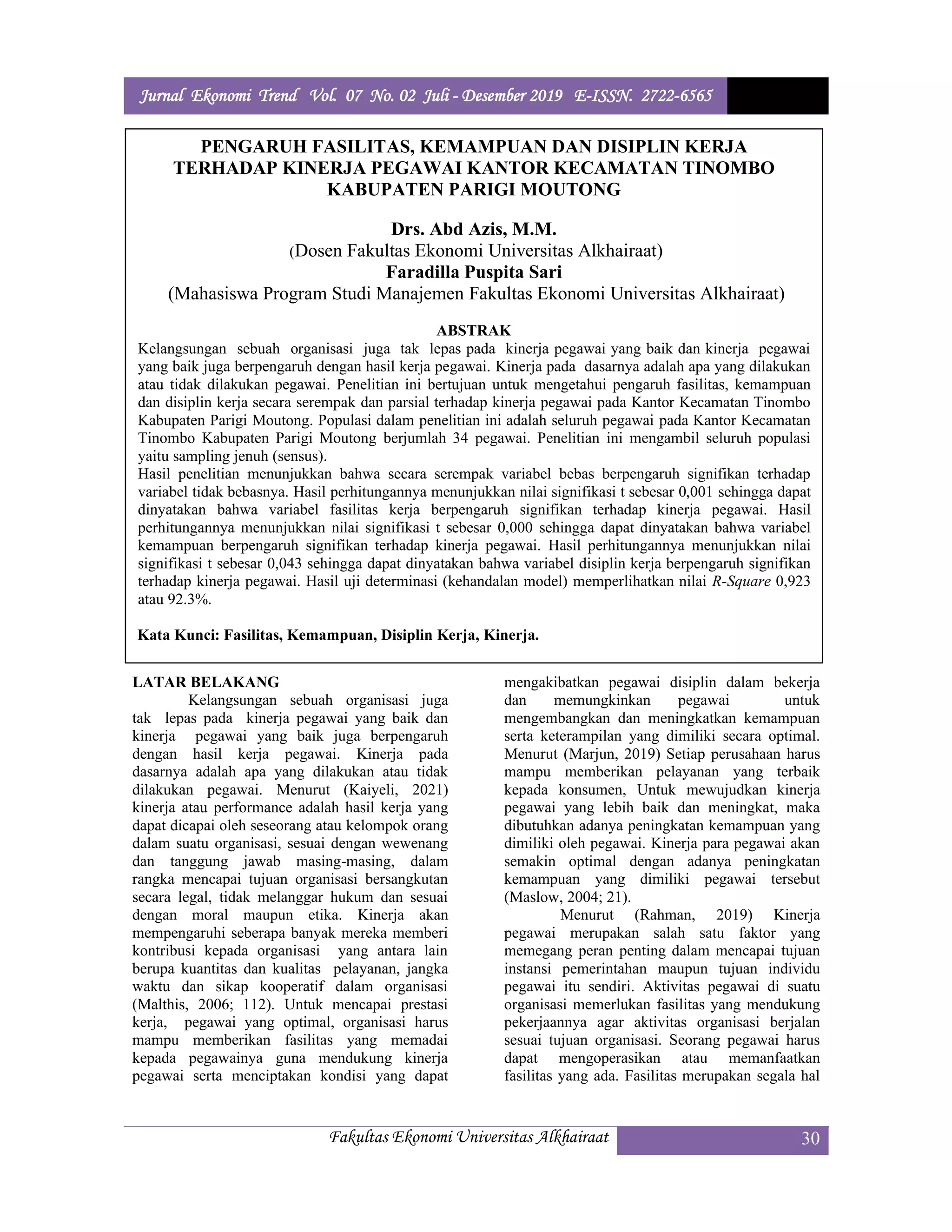 PENGARUH FASILITAS, KEMAMPUAN DAN DISIPLIN KERJA TERHADAP KINERJA PEGAWAI KANTOR KECAMATAN ...