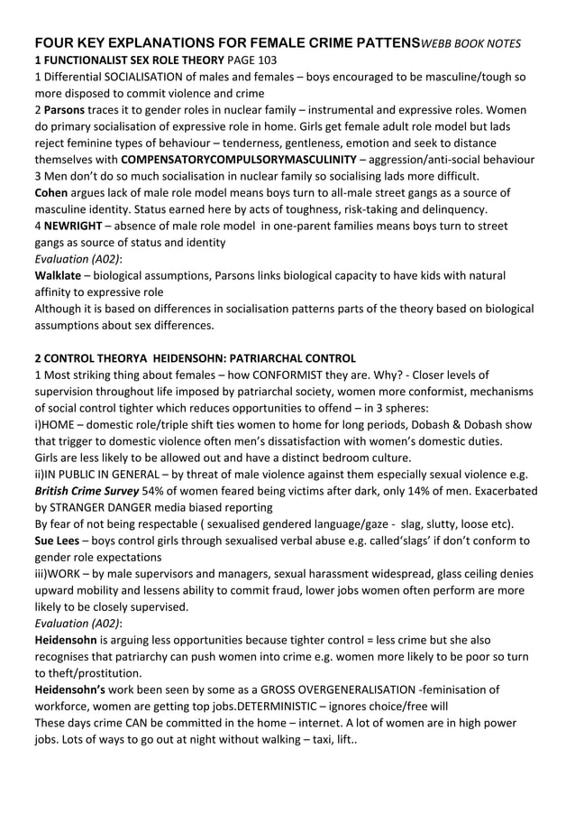 THREE KEY EXPLANATIONS FOR GENDER PATTERNS IN CRIME | DOCX | Crime & Harmful Acts to Individuals ...