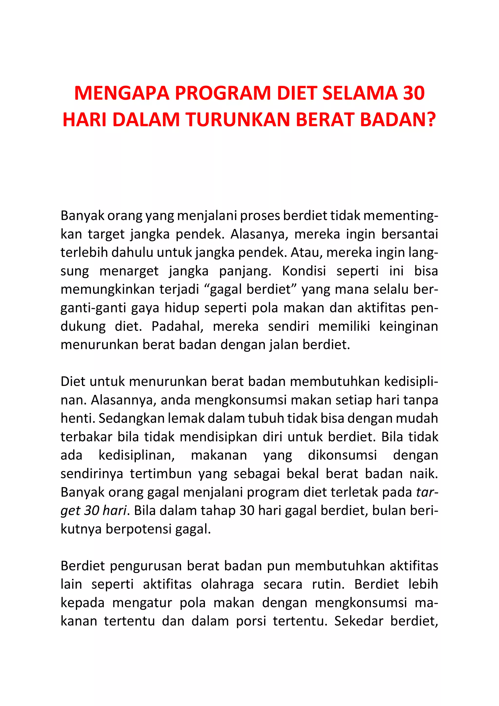 Tips Diet | 4 kunci diet 30 hari kurusin badan di rumah | PDF