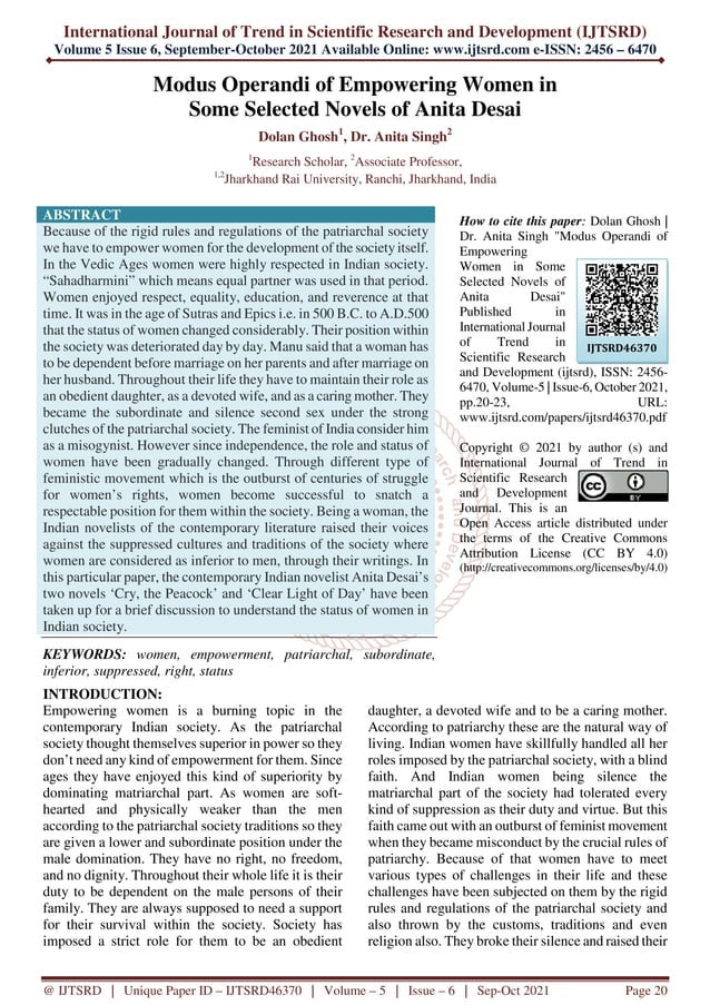 Modus Operandi of Empowering Women in Some Selected Novels of Anita Desai | PDF