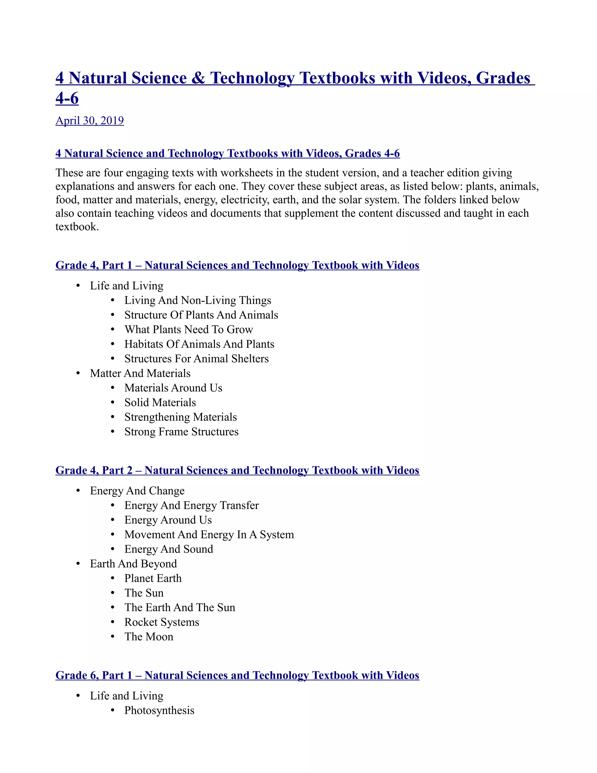 4 Natural Science and Technology Textbooks with Videos, Grades 4-6 | PDF