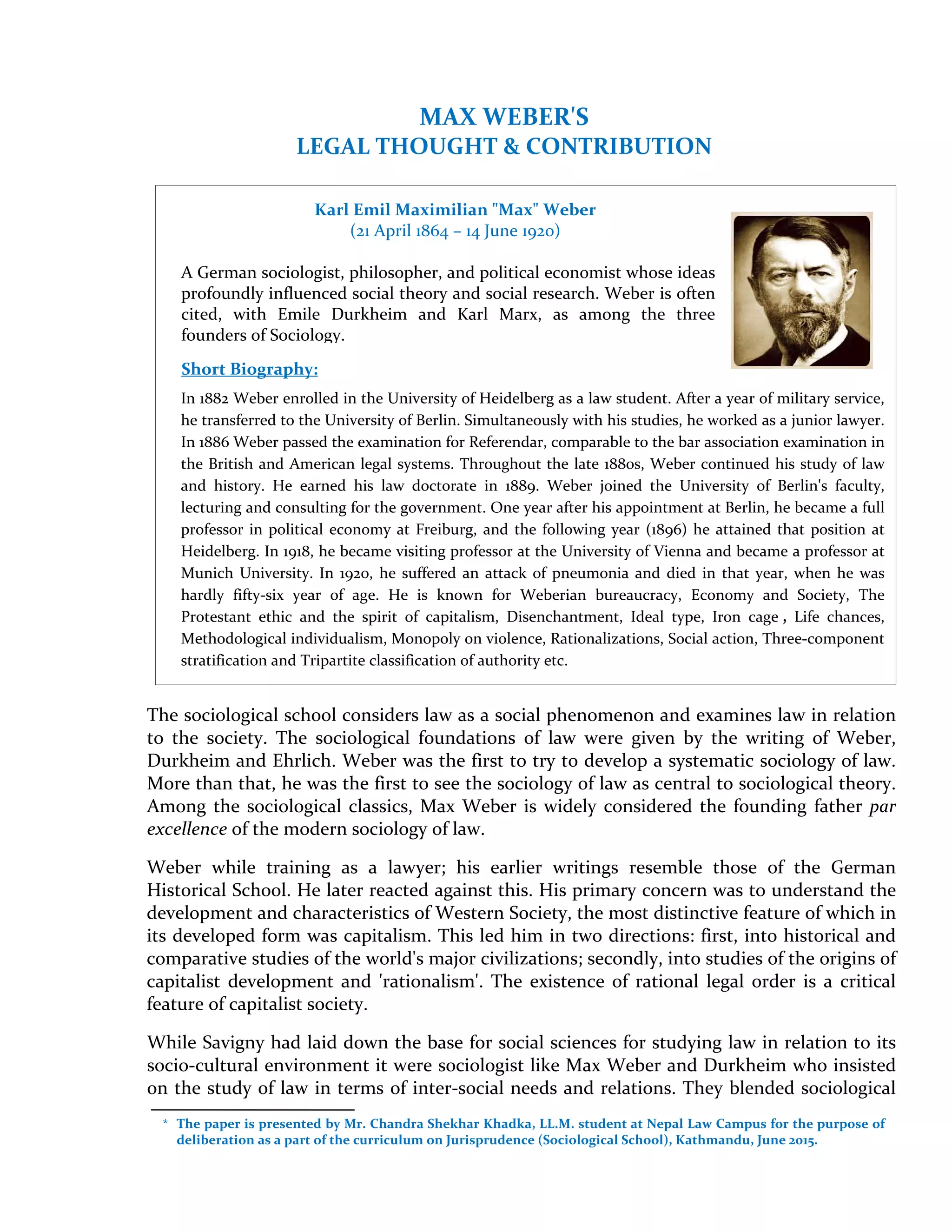 Max Weber's Legal Thought & Contribution | PDF