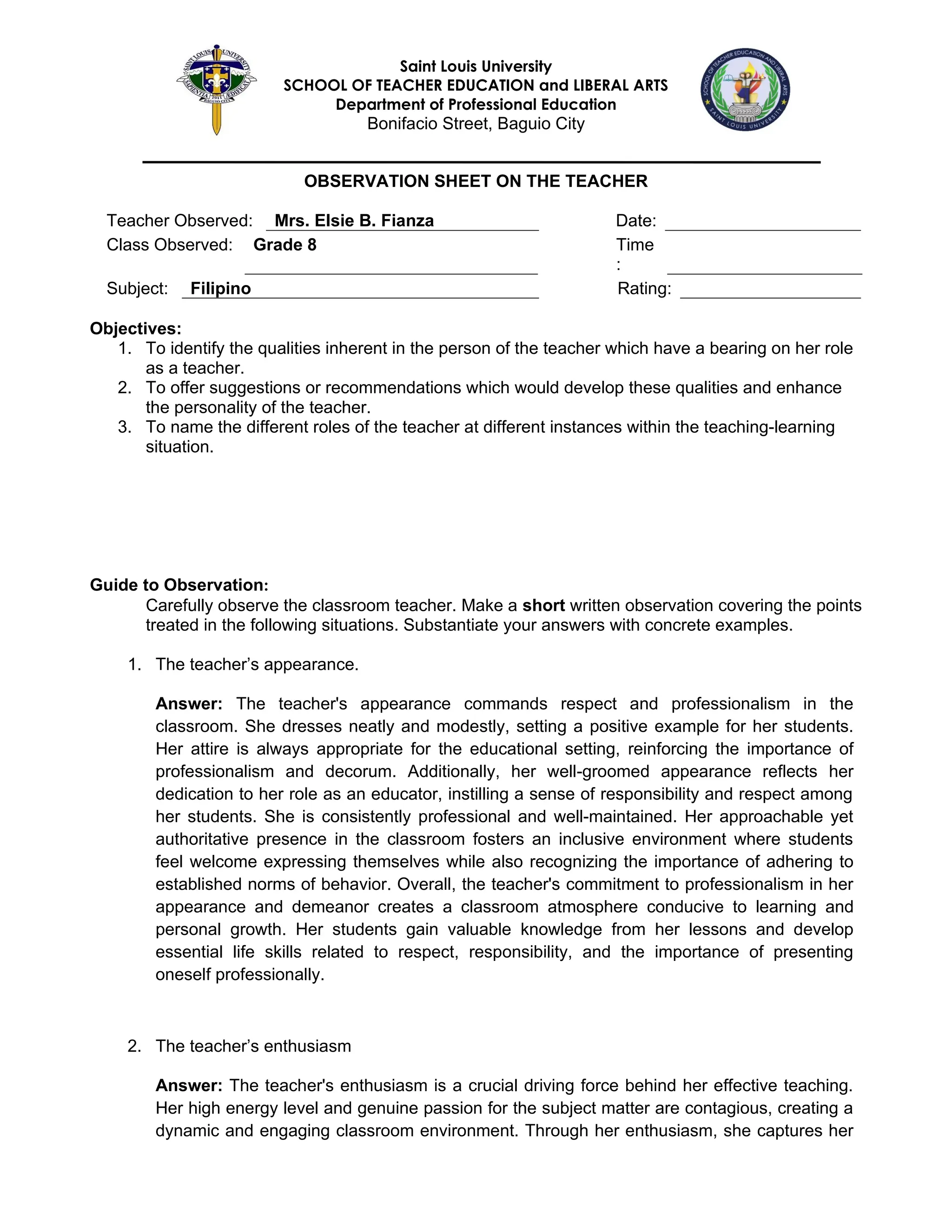 4 OBSERVATION SHEET ON THE TEACHER.Saint Louis University | DOCX