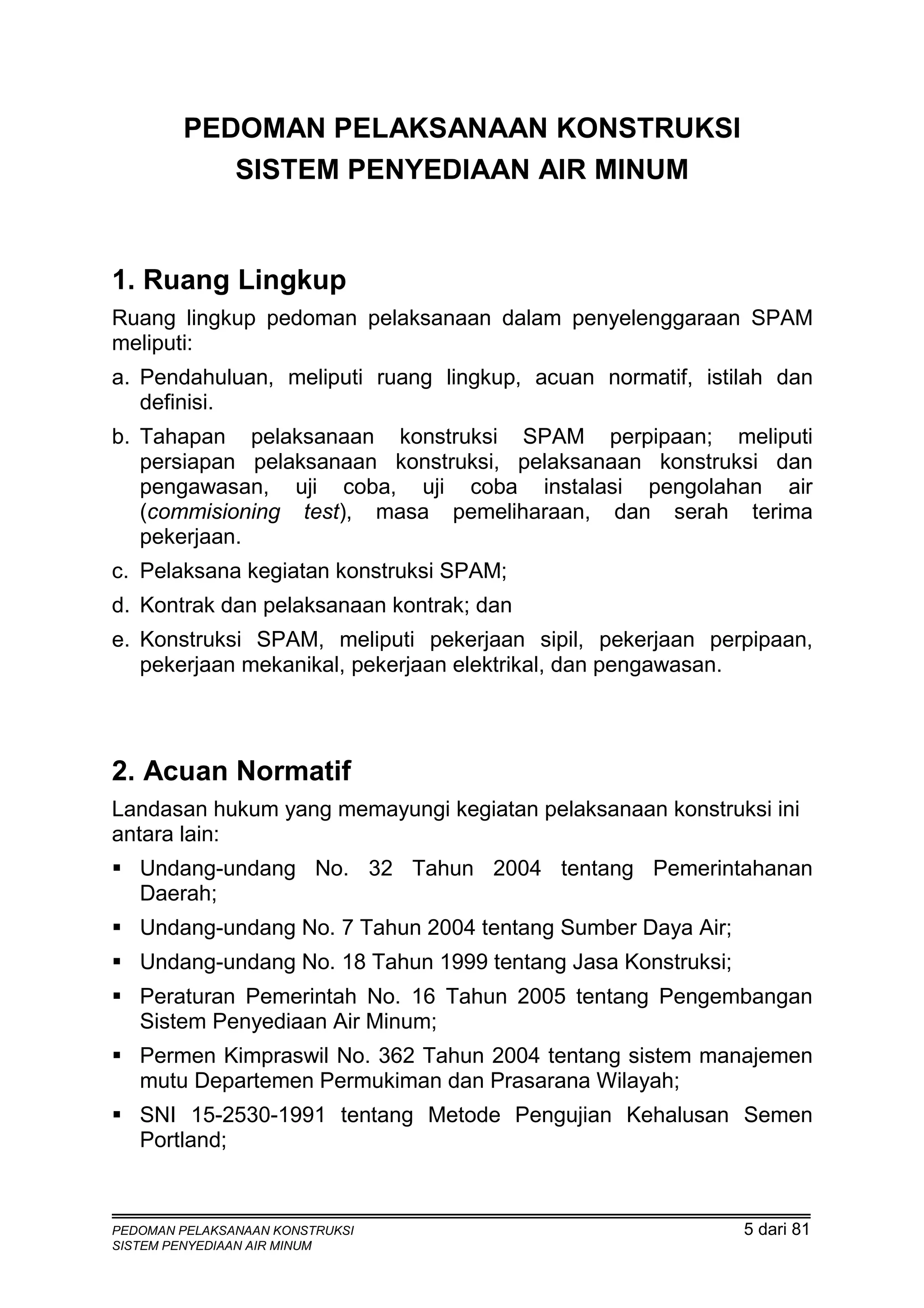 Pedoman Pelaksanaan Konstruksi Sistem Penyediaan Air Minum | PDF