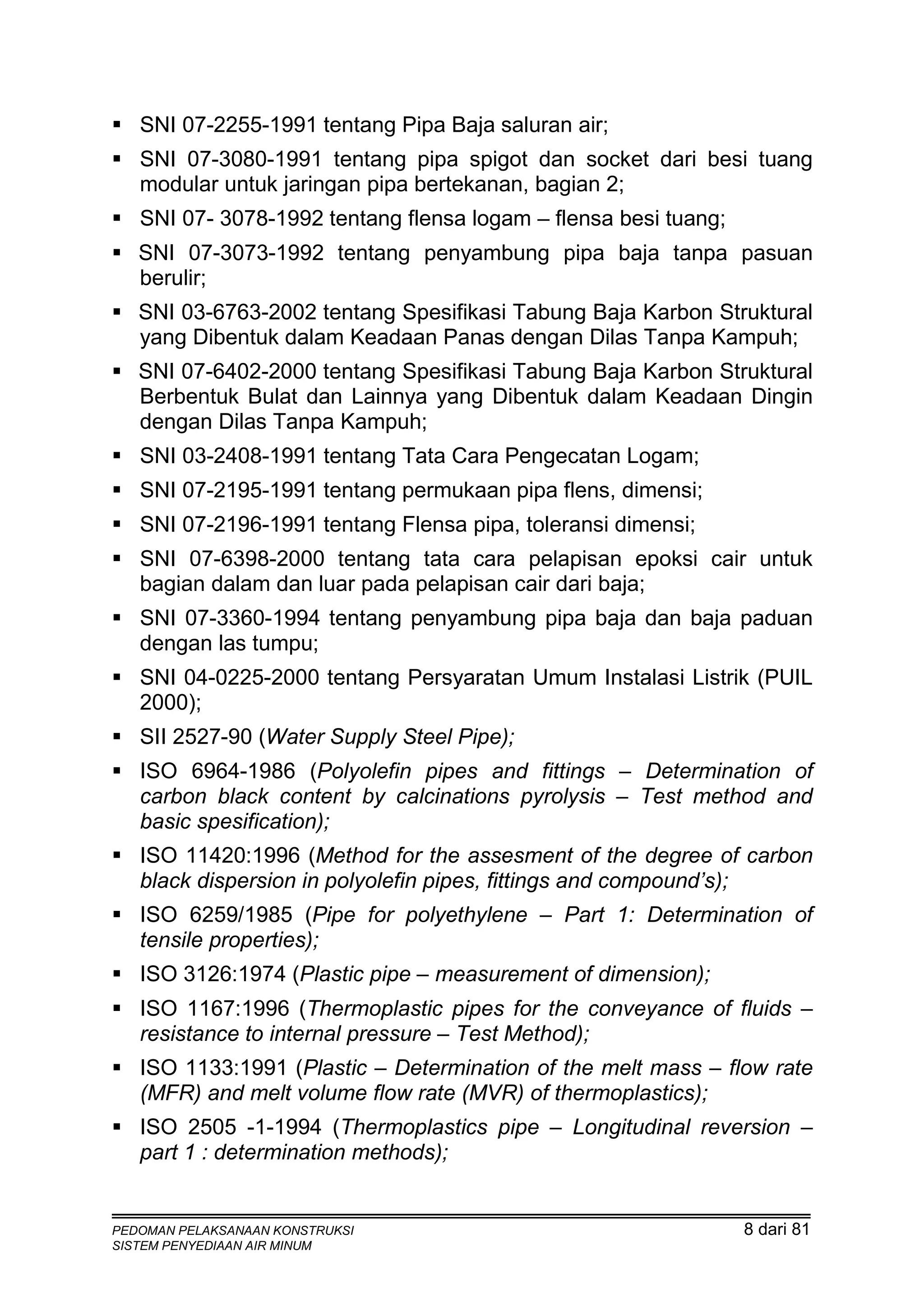 Pedoman Pelaksanaan Konstruksi Sistem Penyediaan Air Minum | PDF