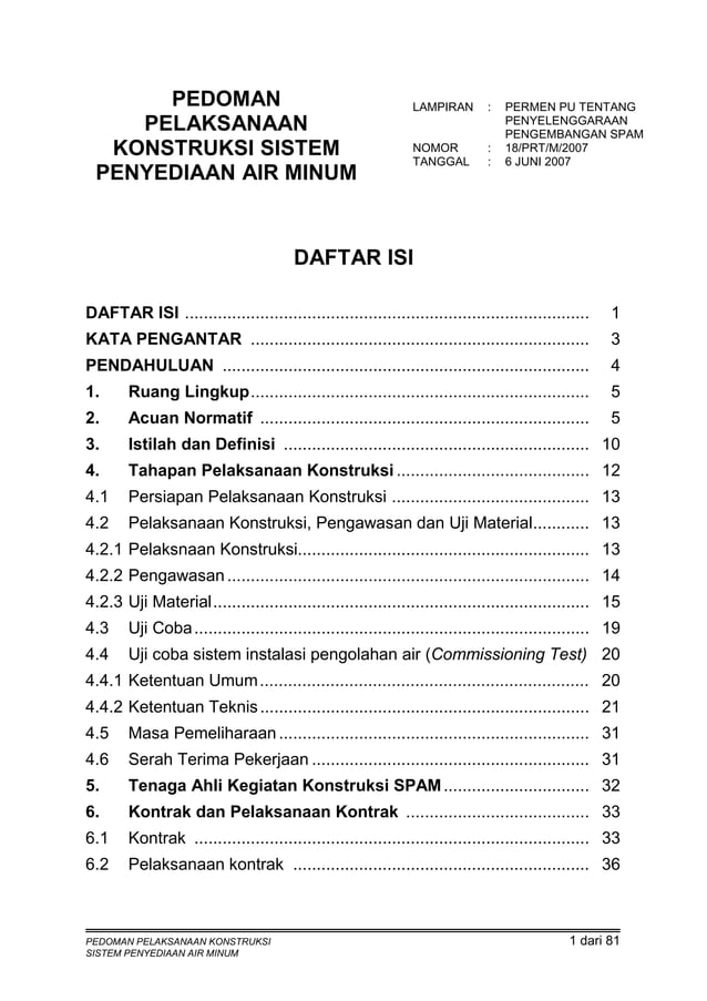 Pedoman Pelaksanaan Konstruksi Sistem Penyediaan Air Minum | PDF