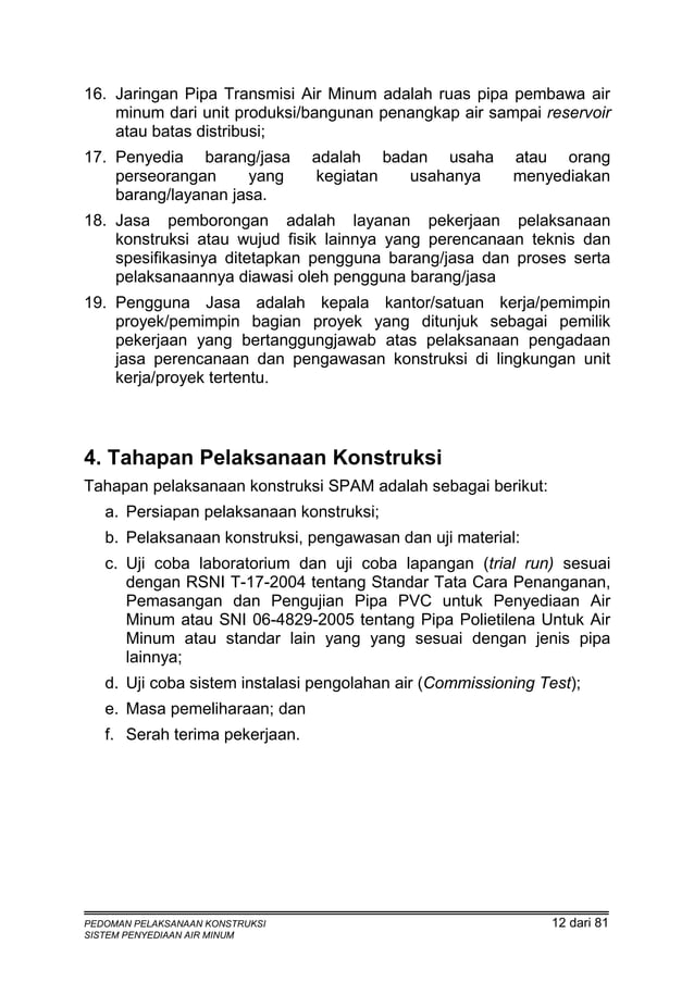 Pedoman Pelaksanaan Konstruksi Sistem Penyediaan Air Minum | PDF