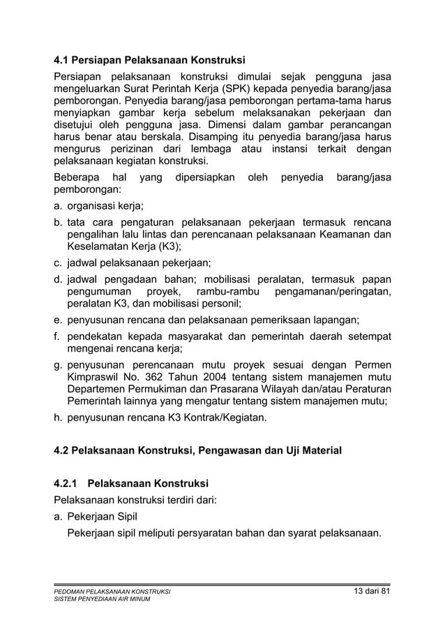 Pedoman Pelaksanaan Konstruksi Sistem Penyediaan Air Minum | PDF