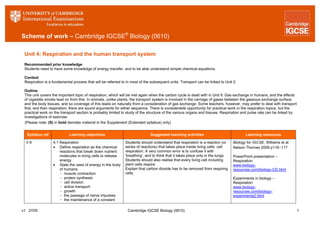 IGCSE Respiration and The Human Transport System Learning Objectives | PDF