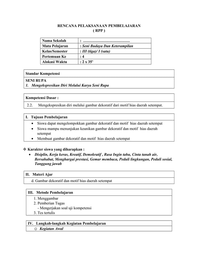 Rpp Sbk Kelas 3 Sd Doc
