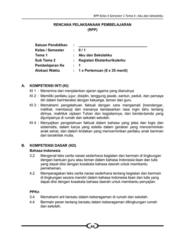 [4] rpp sd_kelas_2_semester_1_-_aku_dan_sekolahku[1] | PDF