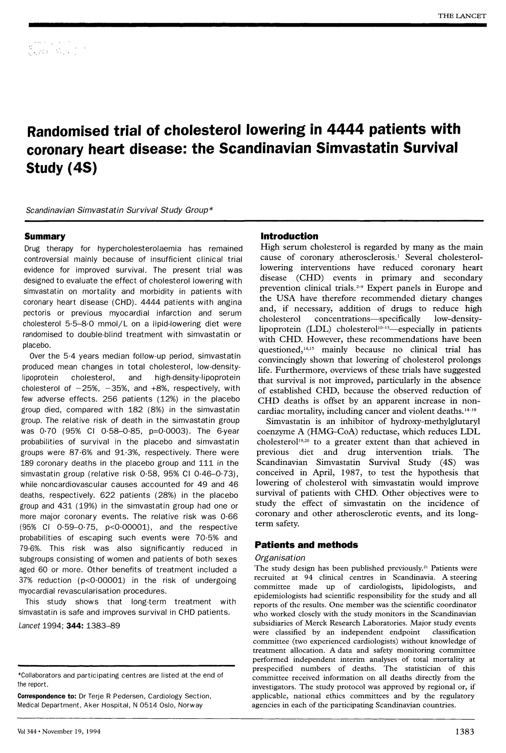 Scandinavian Simvastatin Survival Study (4S) | PDF