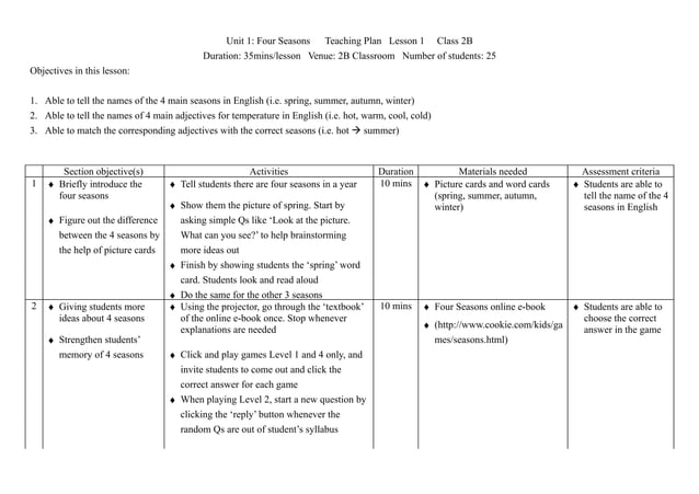 4 seasons teaching plan lesson 1 | DOC | Homework and Study | Education