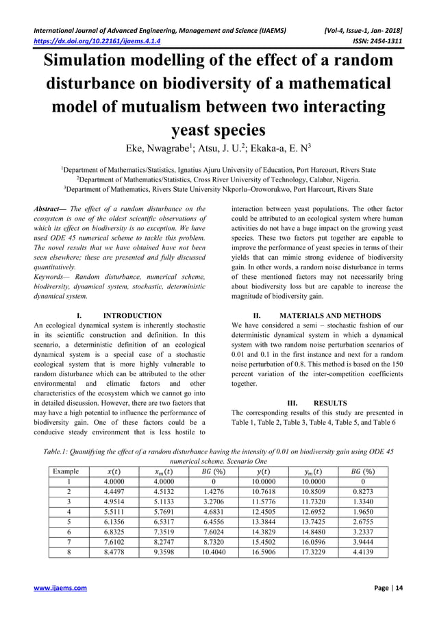 Simulation modelling of the effect of a random disturbance on biodiversity of a mathematical ...