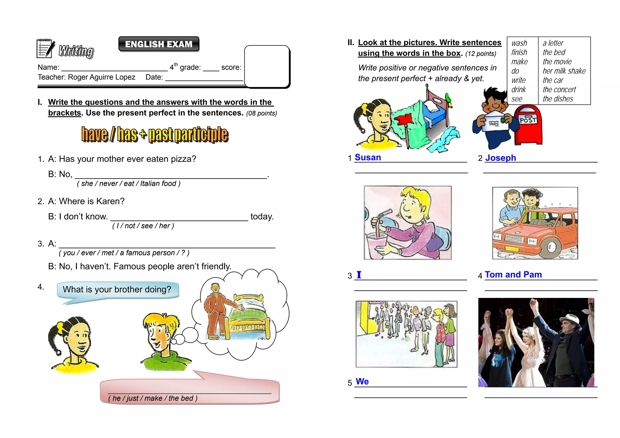 Fourth year sample tests - Present Perfect - writing | PPT