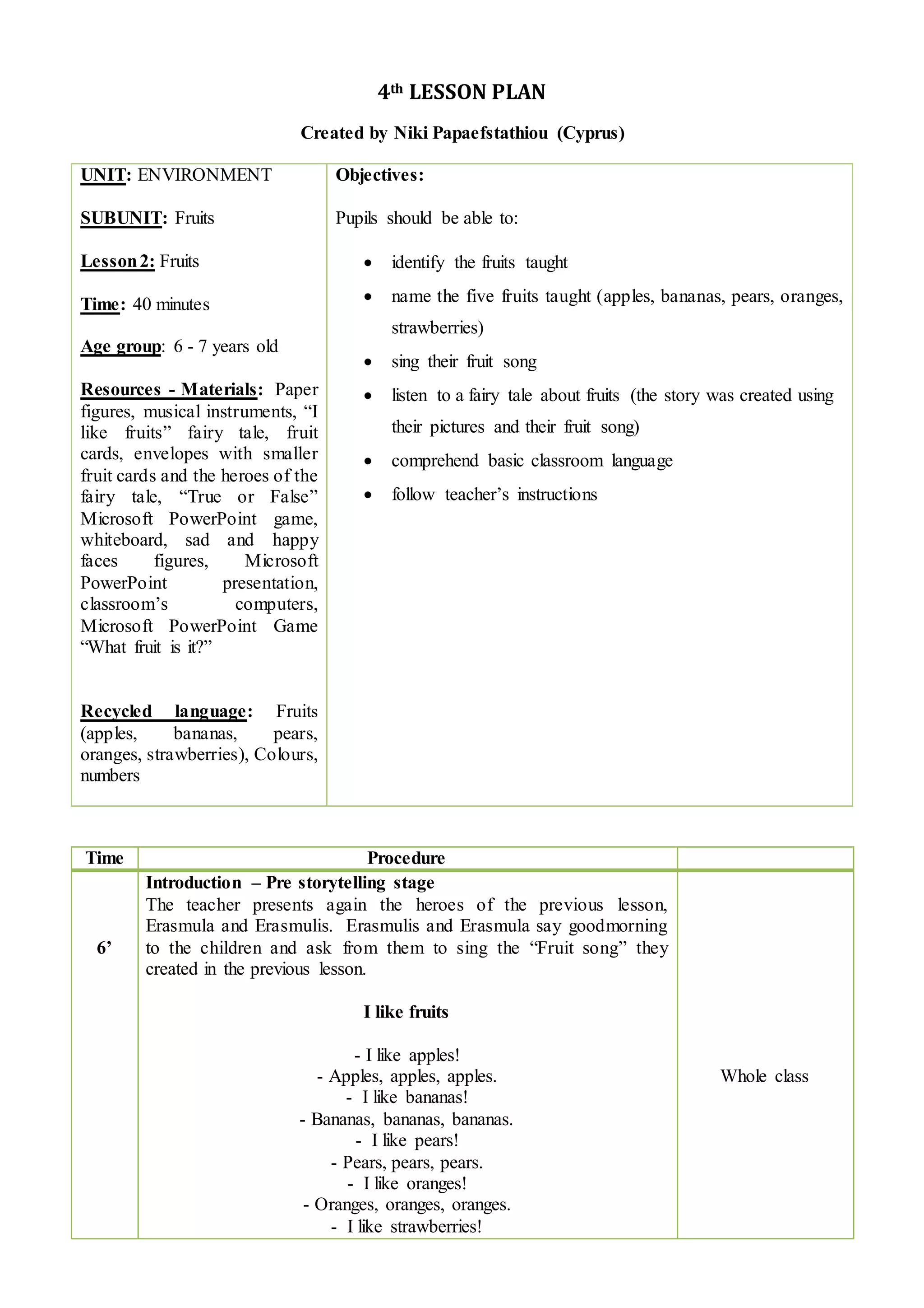 4th lesson plan fruits niki papaeftsthiou | PDF
