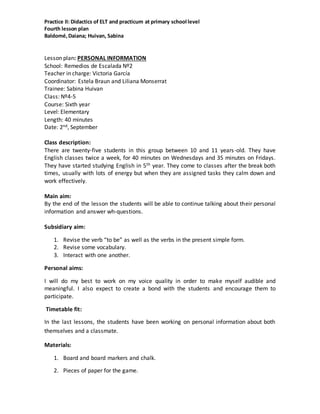4th lesson plan personal information | PDF