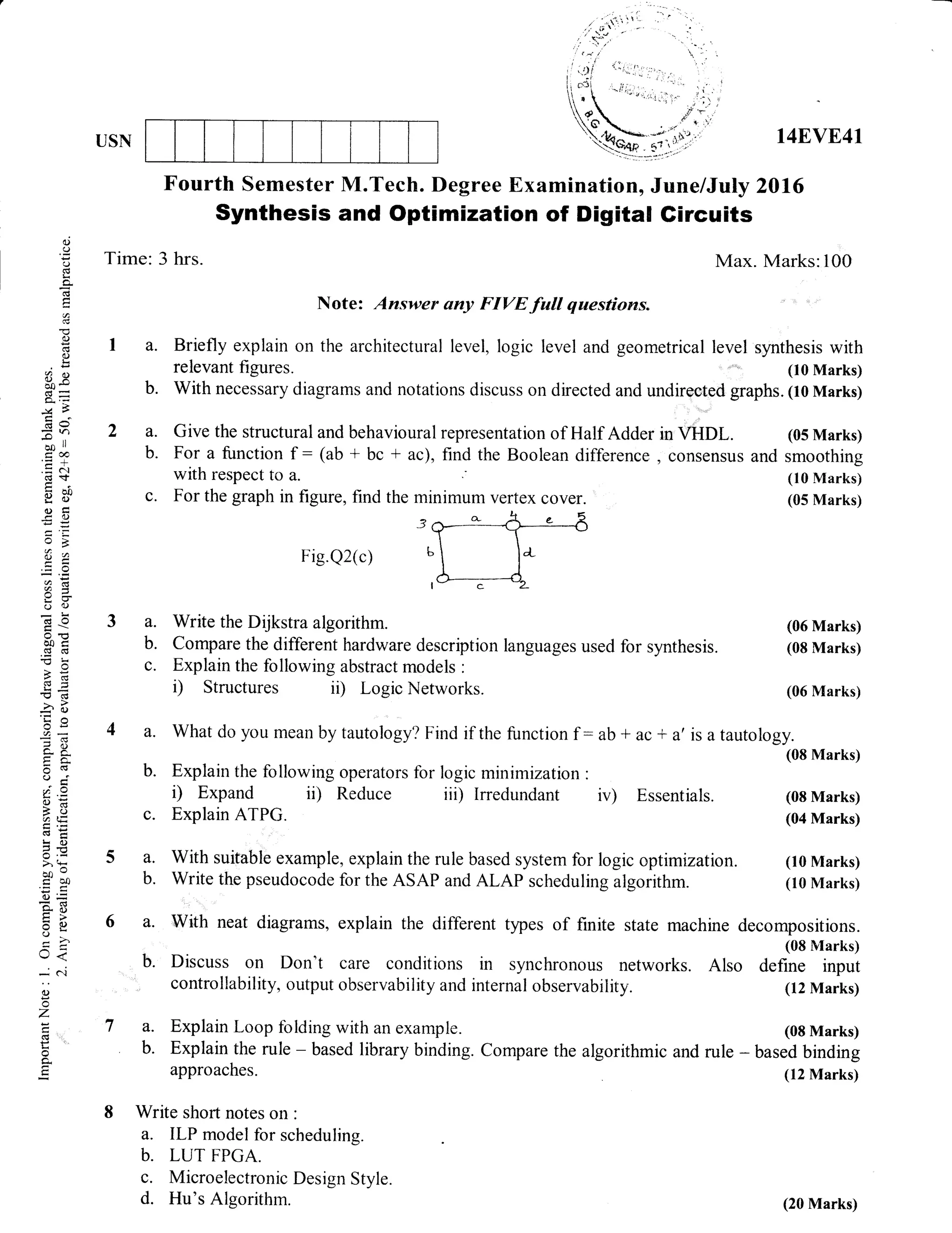 4th Semester M Tech: VLSI Design and Embedded System (June-2016) Question Papers | PDF