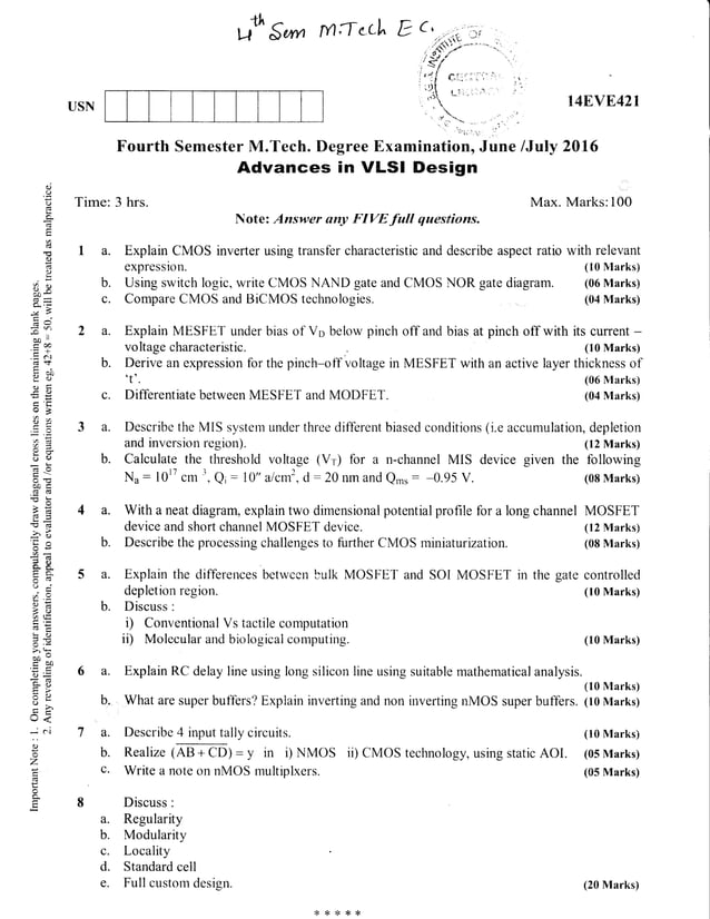 4th Semester M Tech: VLSI Design and Embedded System (June-2016) Question Papers | PDF