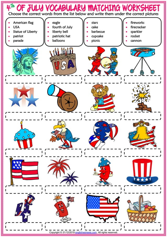 4th of july vocabulary esl matching exercise worksheet for kids.pdf