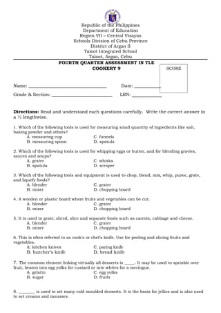 4TH QUARTER EXAMAMINATION TECHNOLOGY AND LIVELIHOOD EDUCATION | DOCX