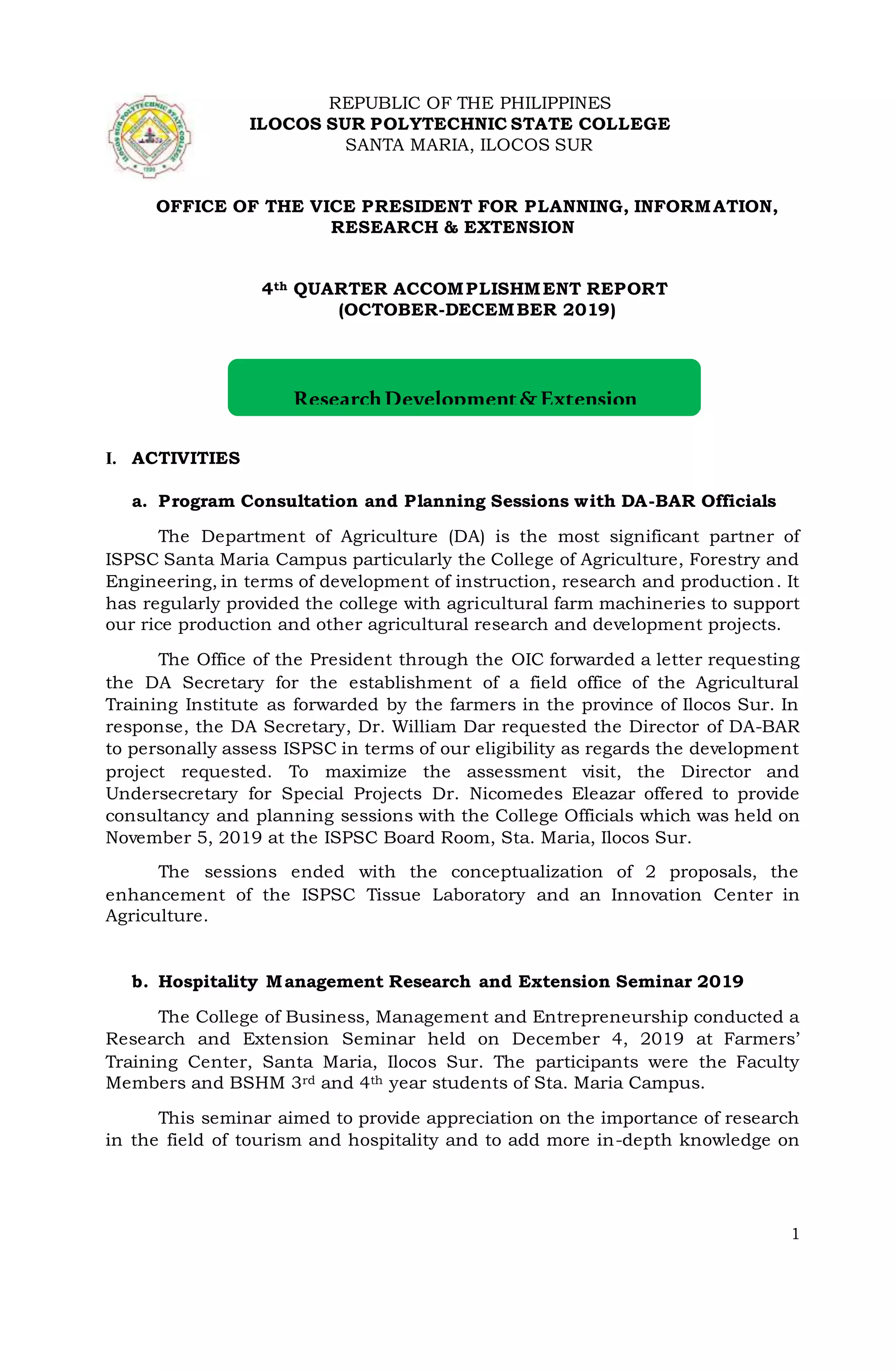 4th quarter report 2019 | DOCX | College Education | Education