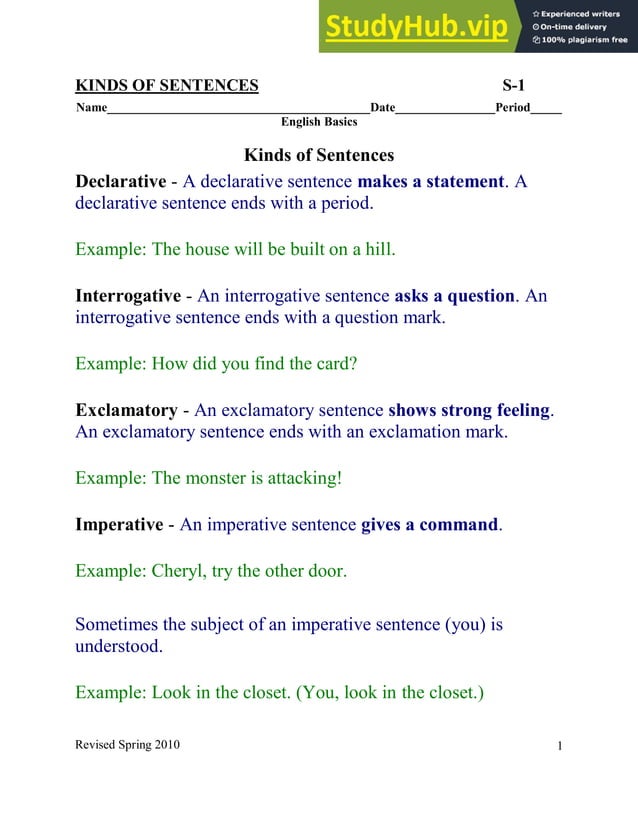 4 Types And Kinds Of Sentences Test Prep Student | PDF