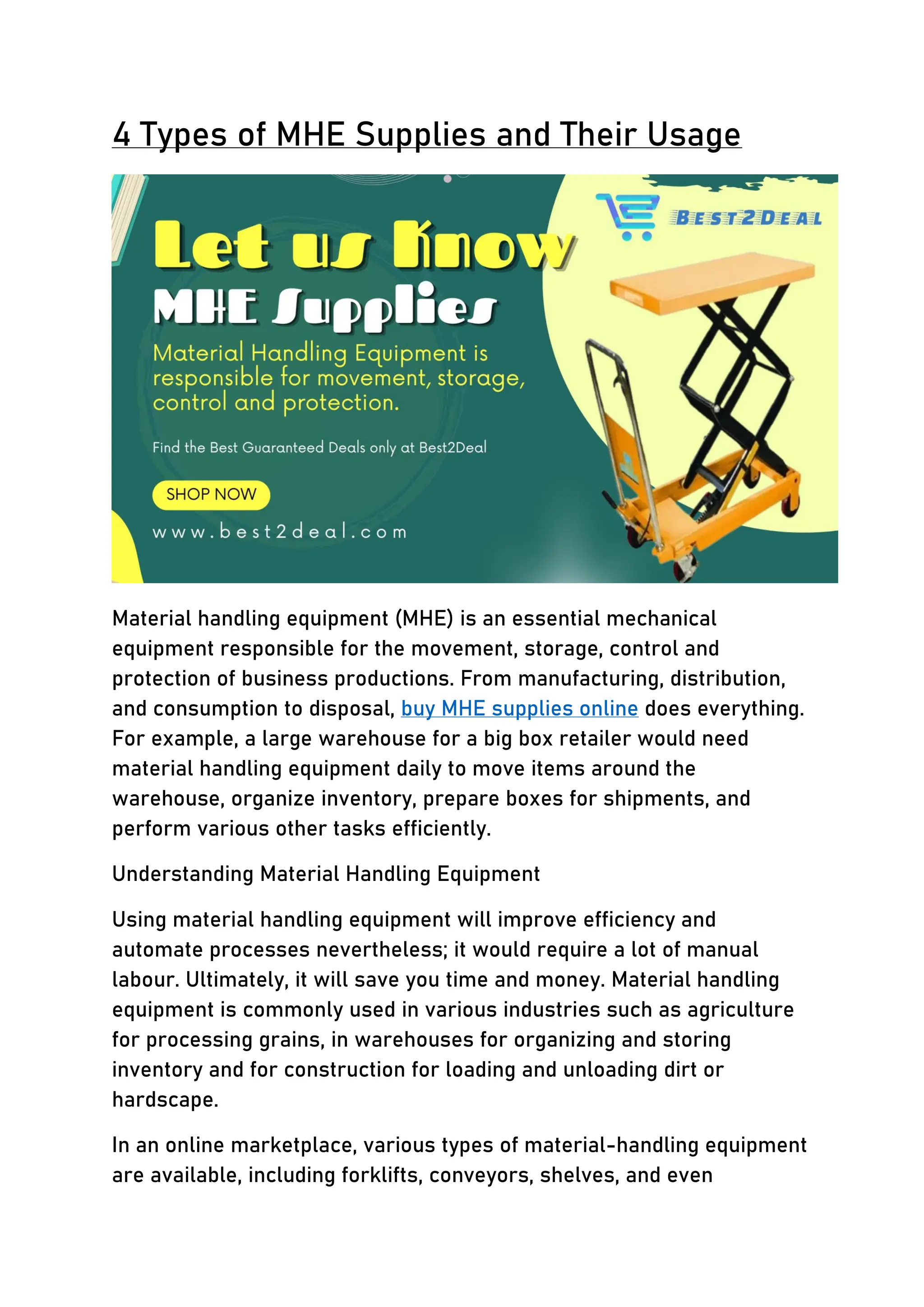 4 Types of MHE Supplies and Their Usages | PDF