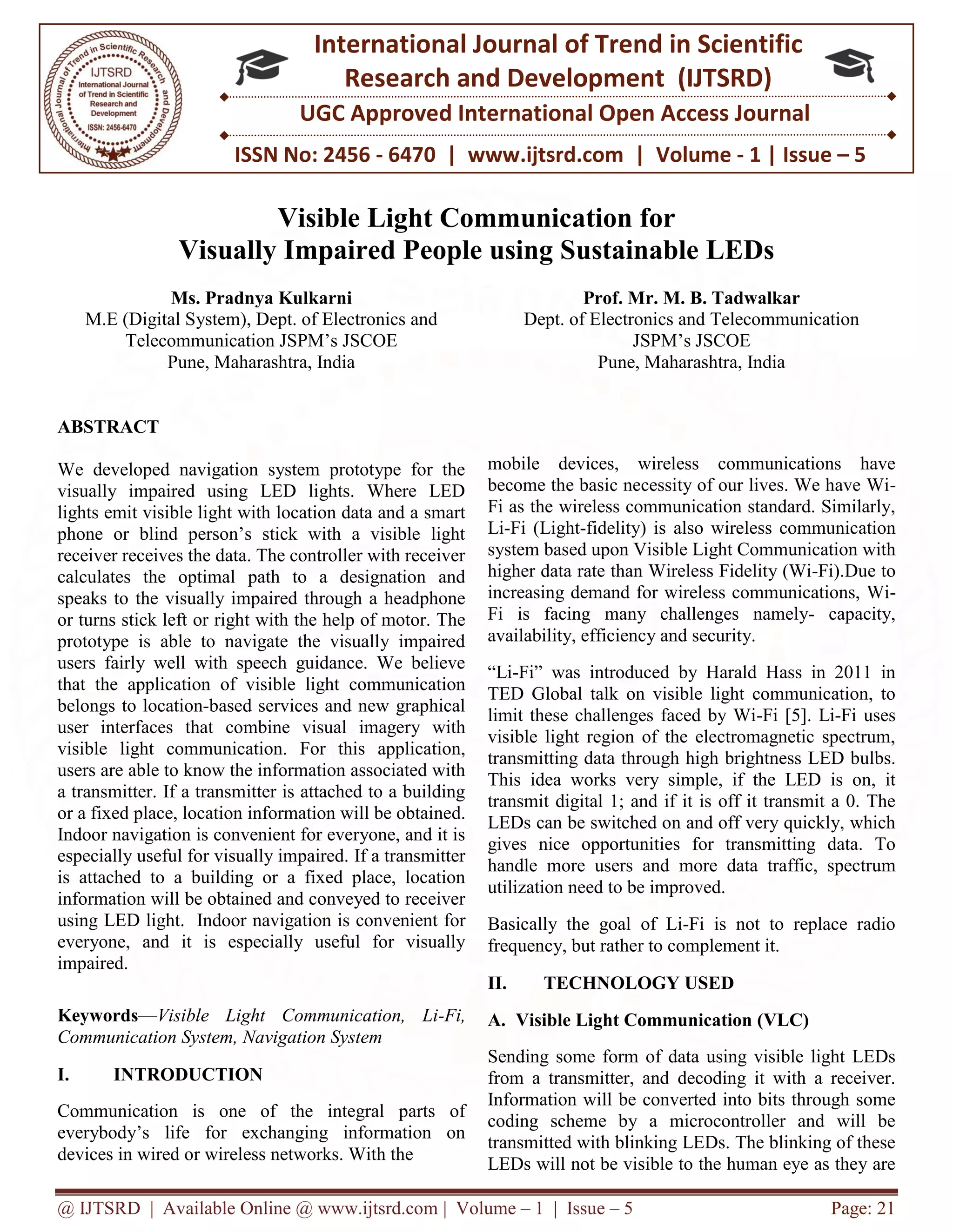 Visible Light Communication for Visually Impaired People using Sustainable LEDs | PDF