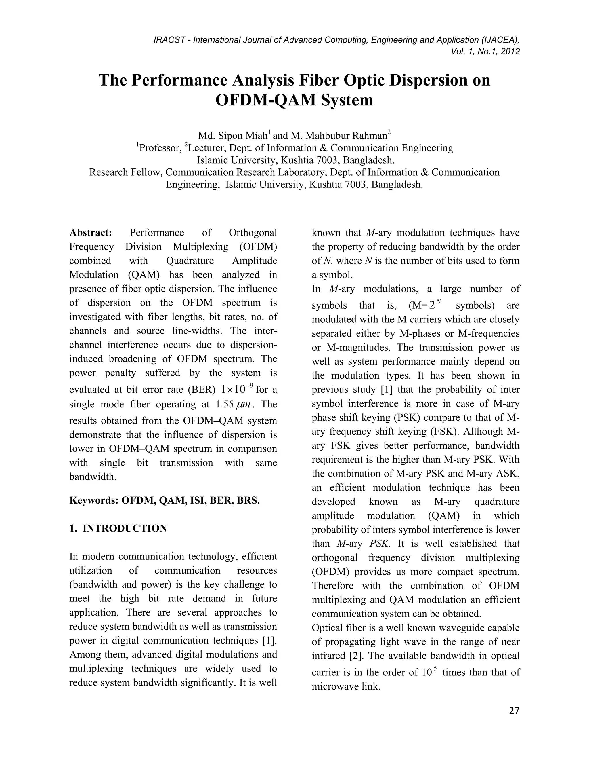 The Performance Analysis Fiber Optic Dispersion on OFDM-QAM System | PDF