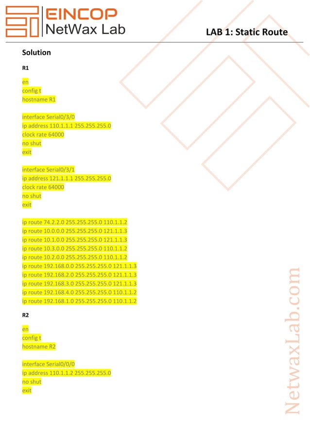 Eincop Netwax Lab: Lab 1 static route | PDF
