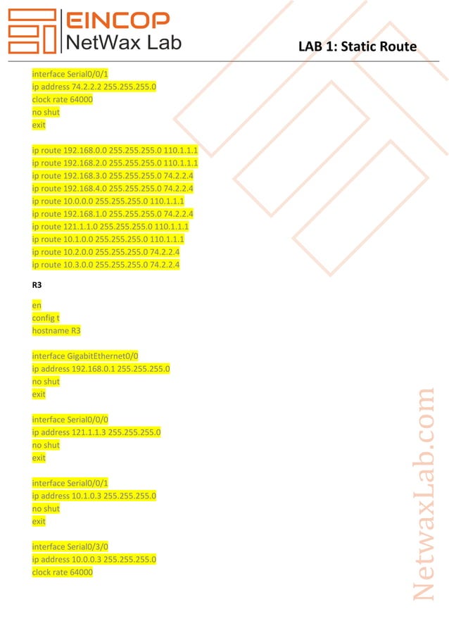 Eincop Netwax Lab: Lab 1 static route | PDF