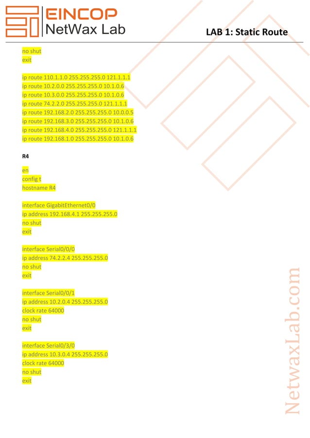 Eincop Netwax Lab: Lab 1 static route | PDF